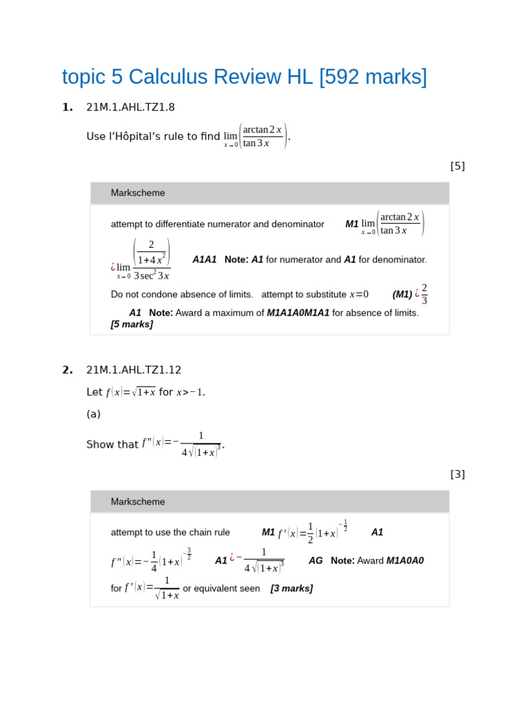 Topic 5 Calculus Review HL | PDF | Asymptote | Algebra