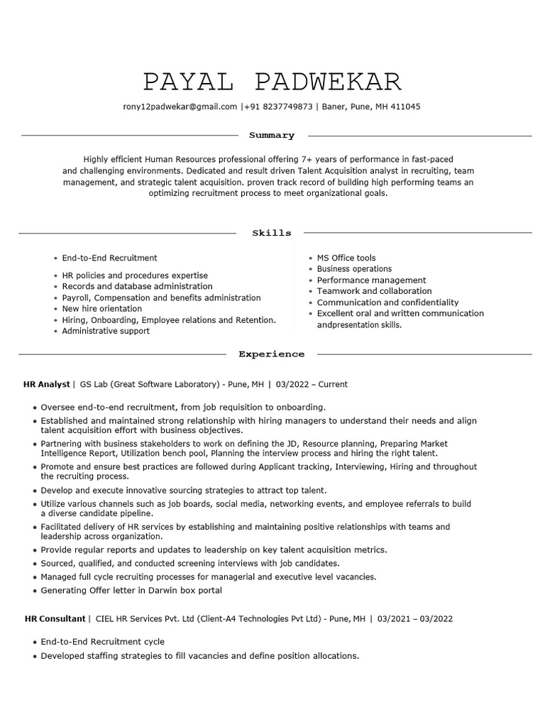Resume_Payal Padwekar | PDF | Recruitment | Employment