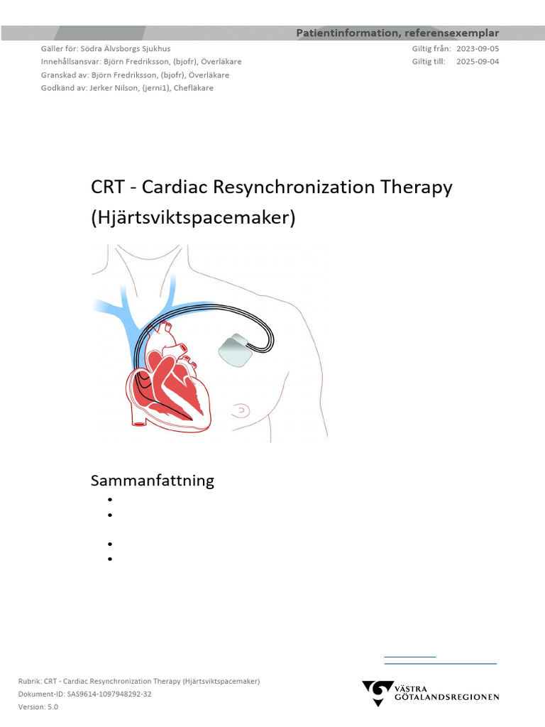 CRT - Cardiac Resynchronization Therapy (Hjärtsviktspacemaker) | PDF