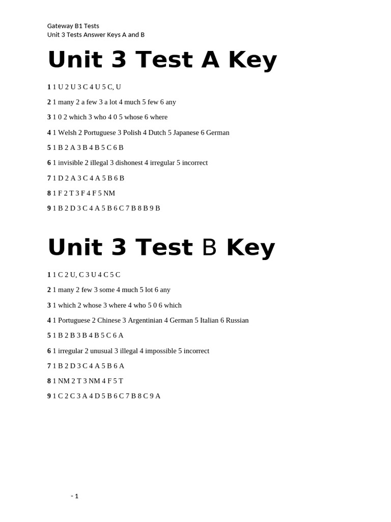 Gateway B1 Unit 3 Test Answer Keys | PDF