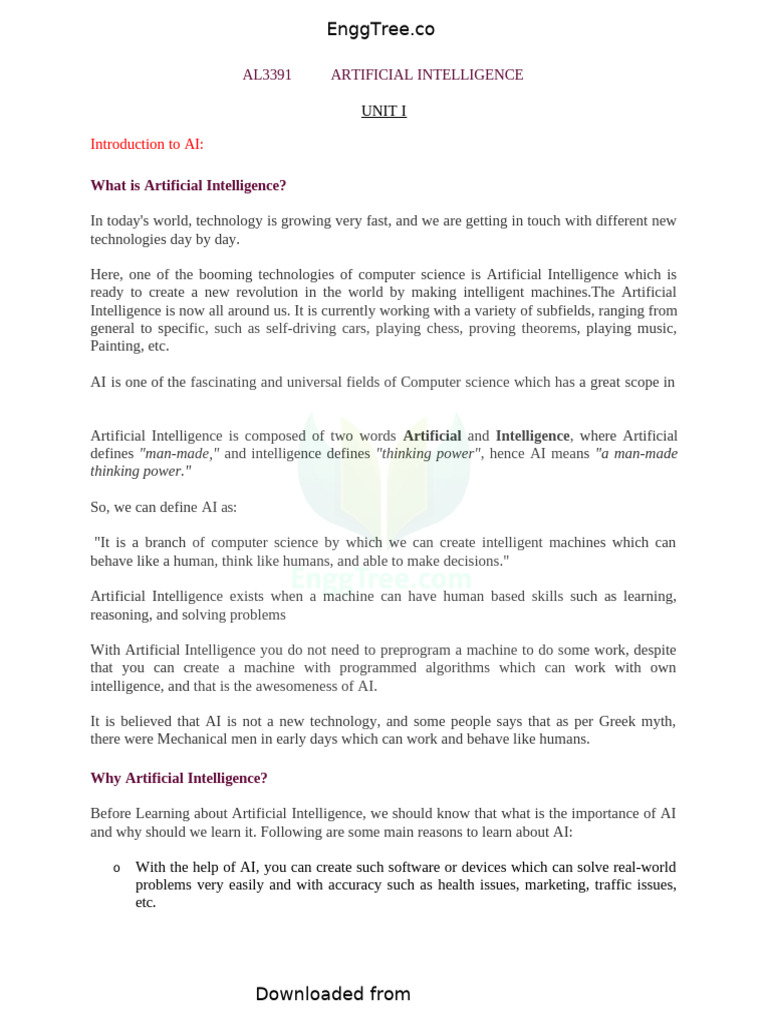 AL3391 Artificial Intelligence Lecture Notes 1 | PDF | Artificial ...