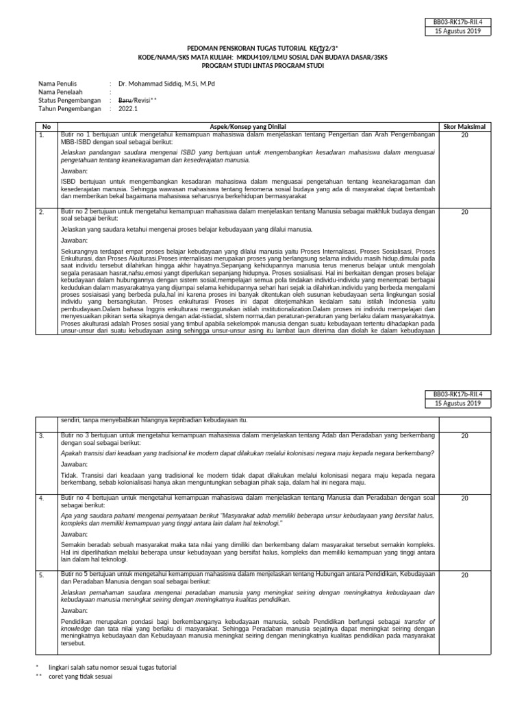 BB03-RK17b RII.2 Penilaian Tugas Tutorial Atau Pedoman Pendskoran (15 Agustus 2019) Isbd | PDF