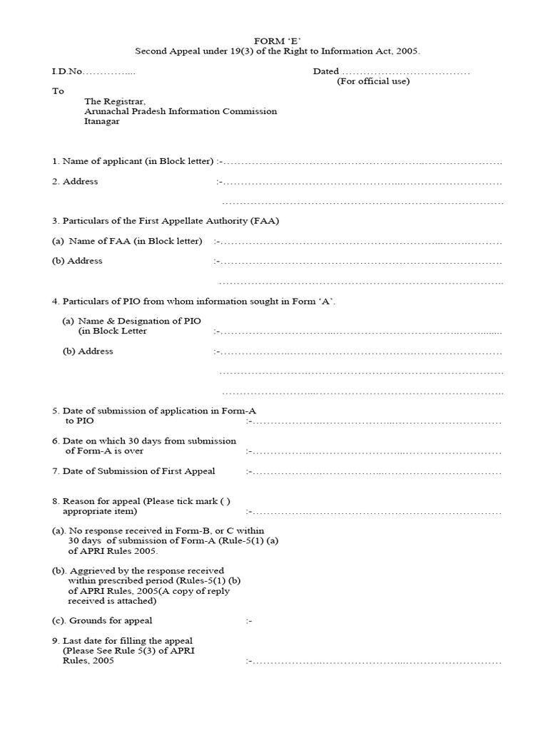 FORM-'E' Second Appeal Under 19 (3) of The Right To Information Act ...