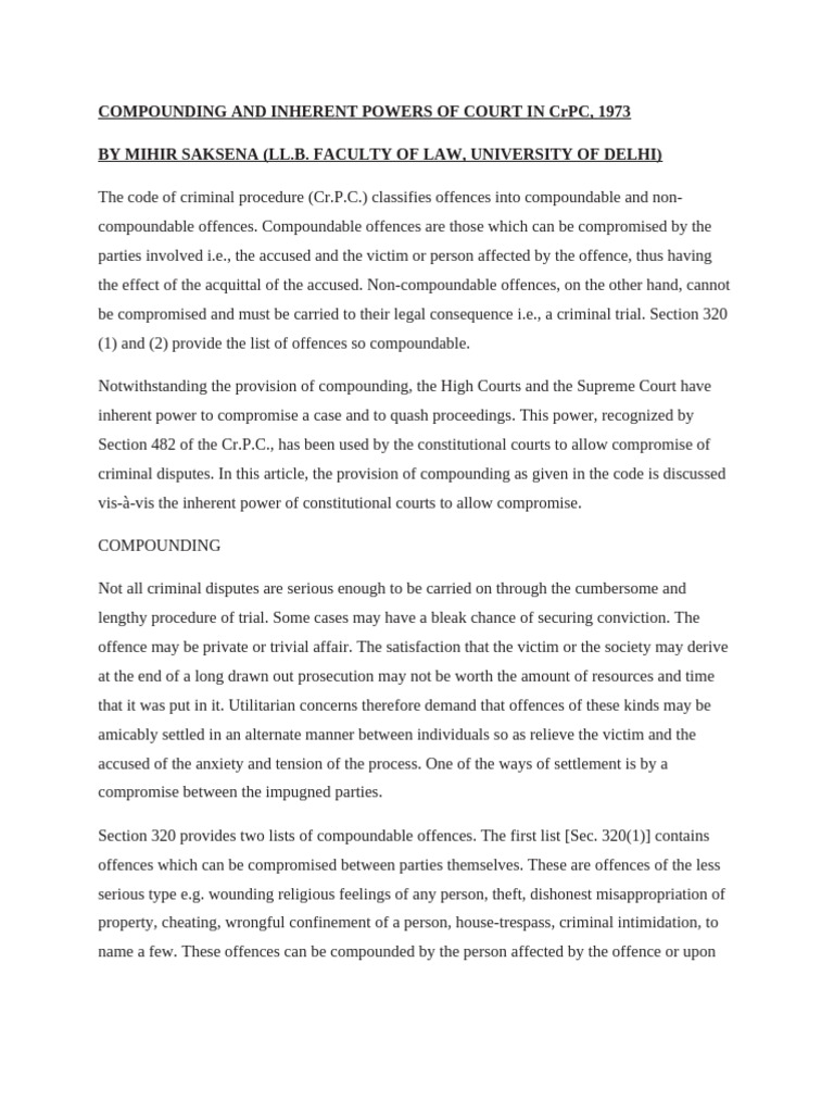 COMPOUNDING of Offences AND INHERENT POWERS OF COURT in CRPC 1973 | PDF ...
