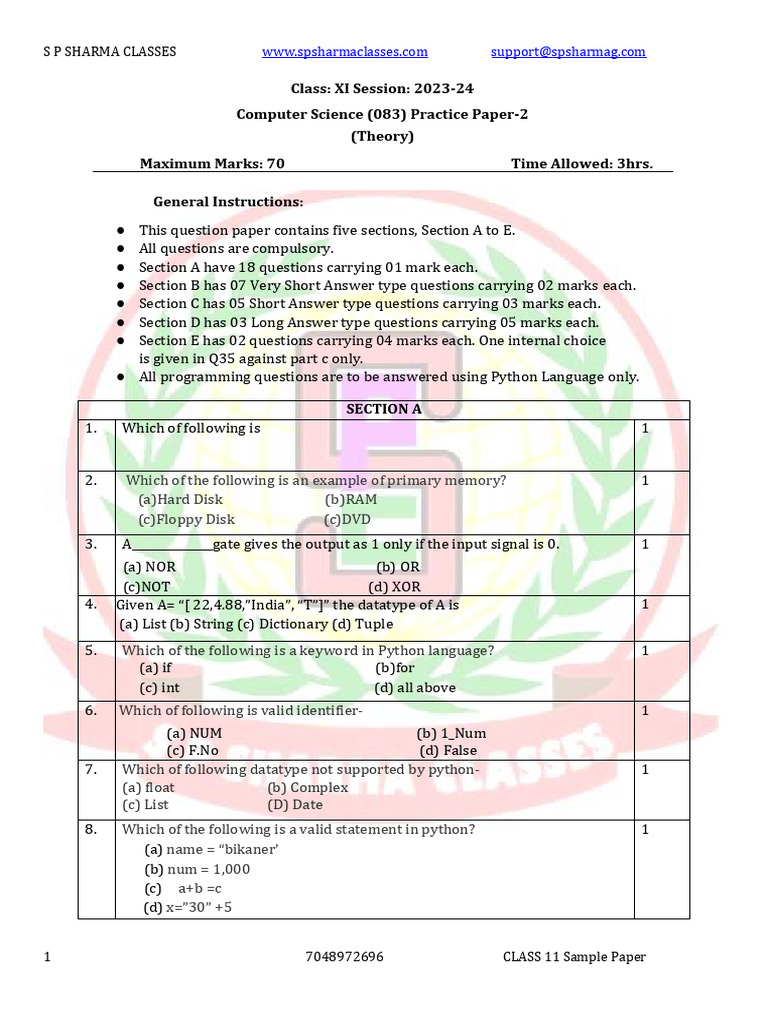 Class XI Sample Paper - 2 | PDF | Integer (Computer Science) | Computer ... Class XI Sample Paper - 2 | PDF | Integer (Computer Science) | Computer ...