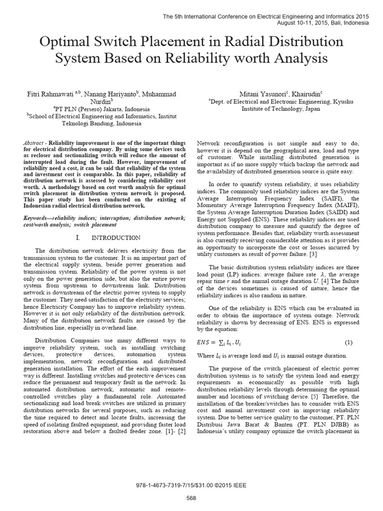 Optimal Switch Placement in Radial Distribution System Based On Reliability Worth Ana | PDF ...