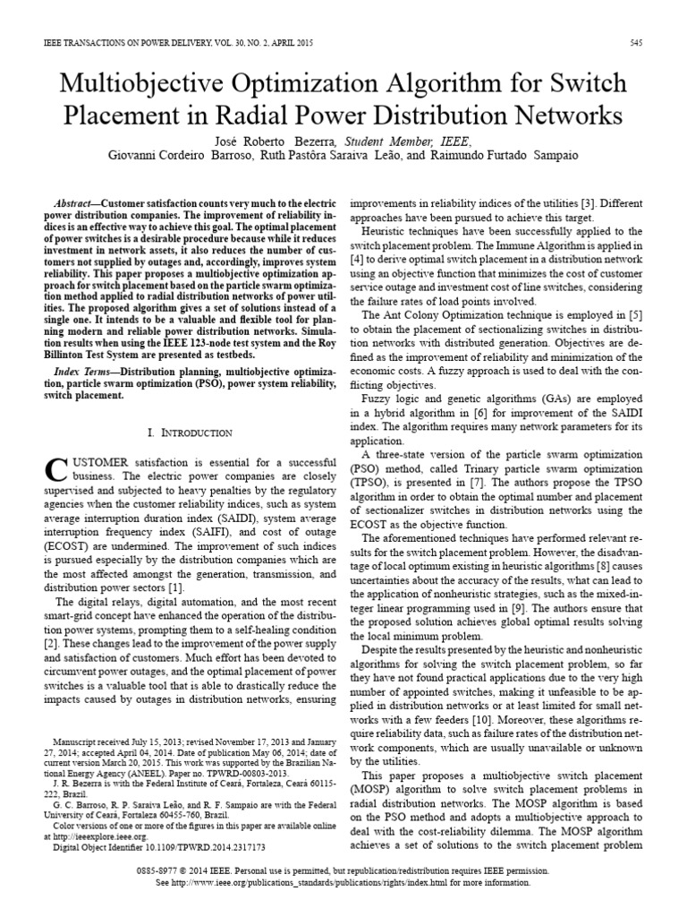 Multiobjective Switch Placement Optimization | PDF | Mathematical Optimization | Reliability ...