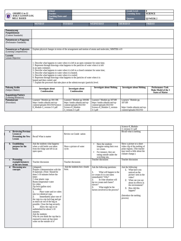 Melc DLL Sci 8 Week 2 q3 Done | PDF | Water | Liquids