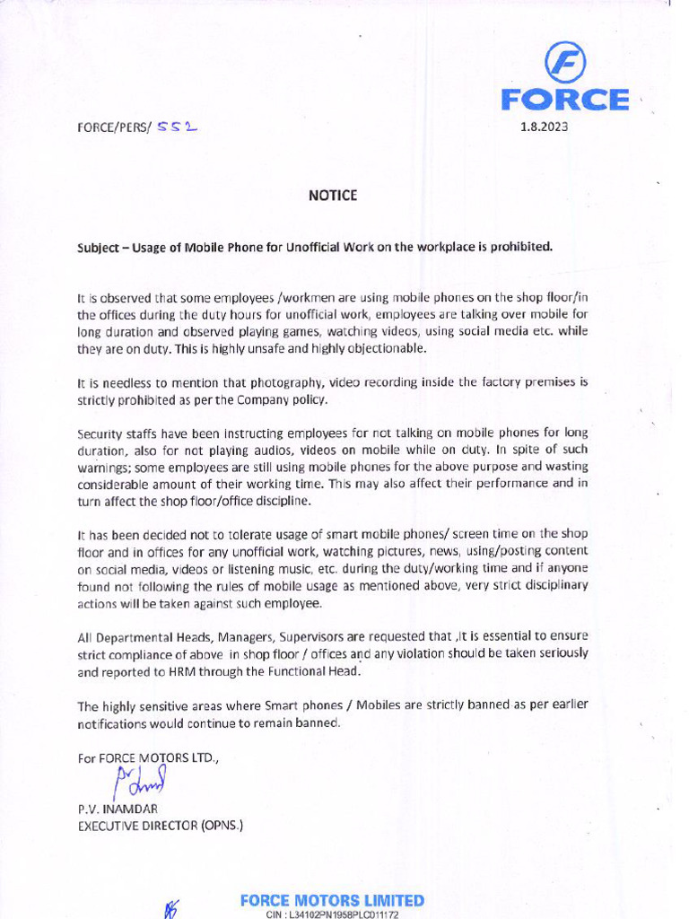 Notice - Mobile Usage On Workplace | PDF