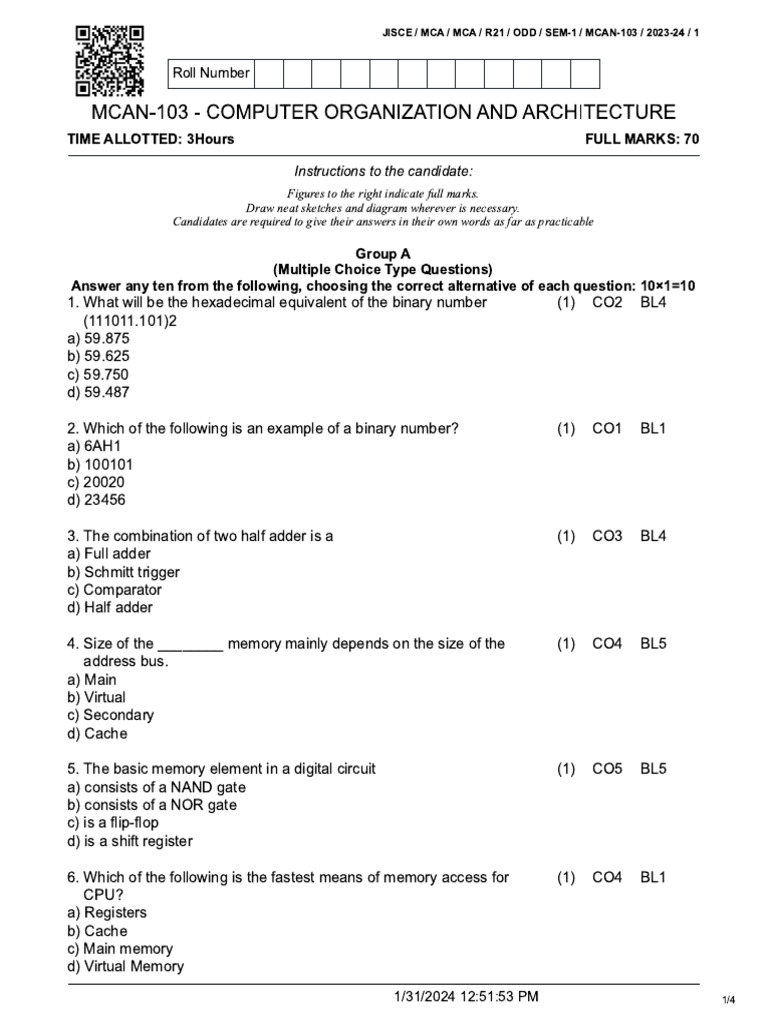 Mca - 1 - Mcan-103 - Computer Organization and Architecture - R21 | PDF