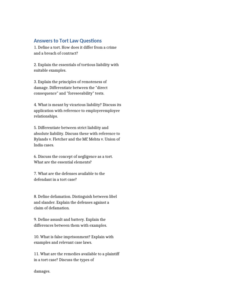 Tort Law Questions | PDF