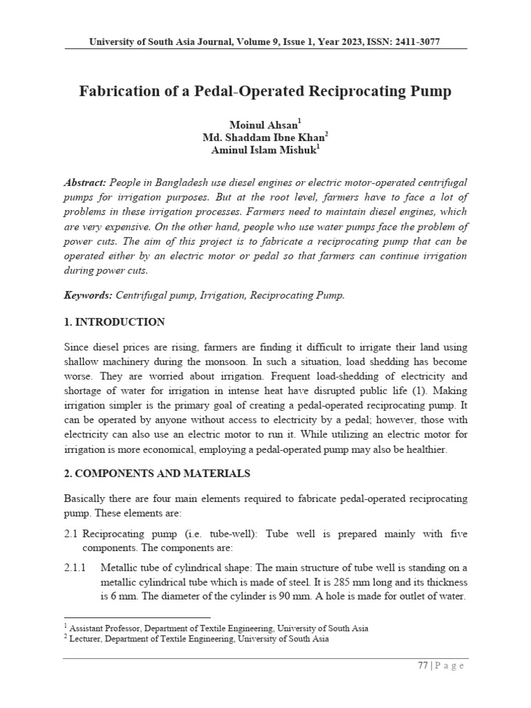 2023 Fabrication of A Pedal-Operated Reciprocating Pump | PDF | Pump | Valve