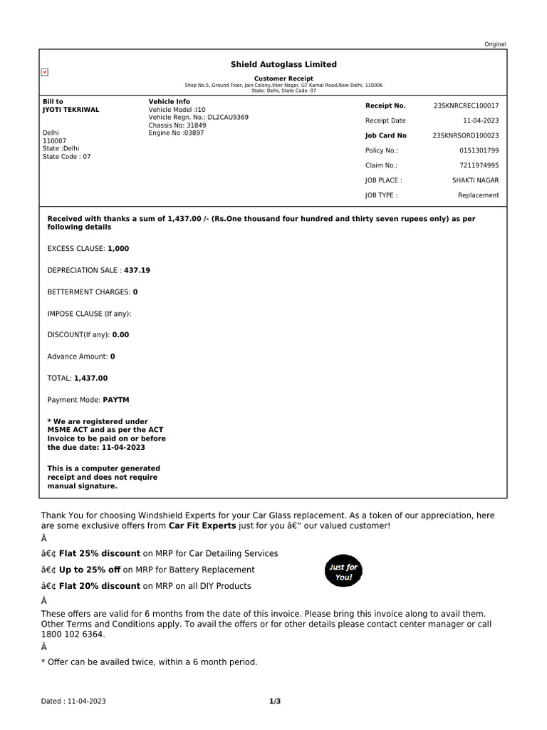 Windshield Replacement Receipt for I10 | PDF | Receipt