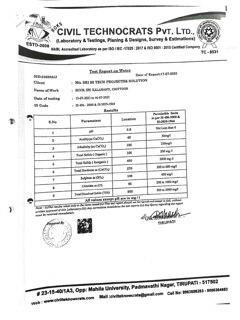 Water Test Report | PDF