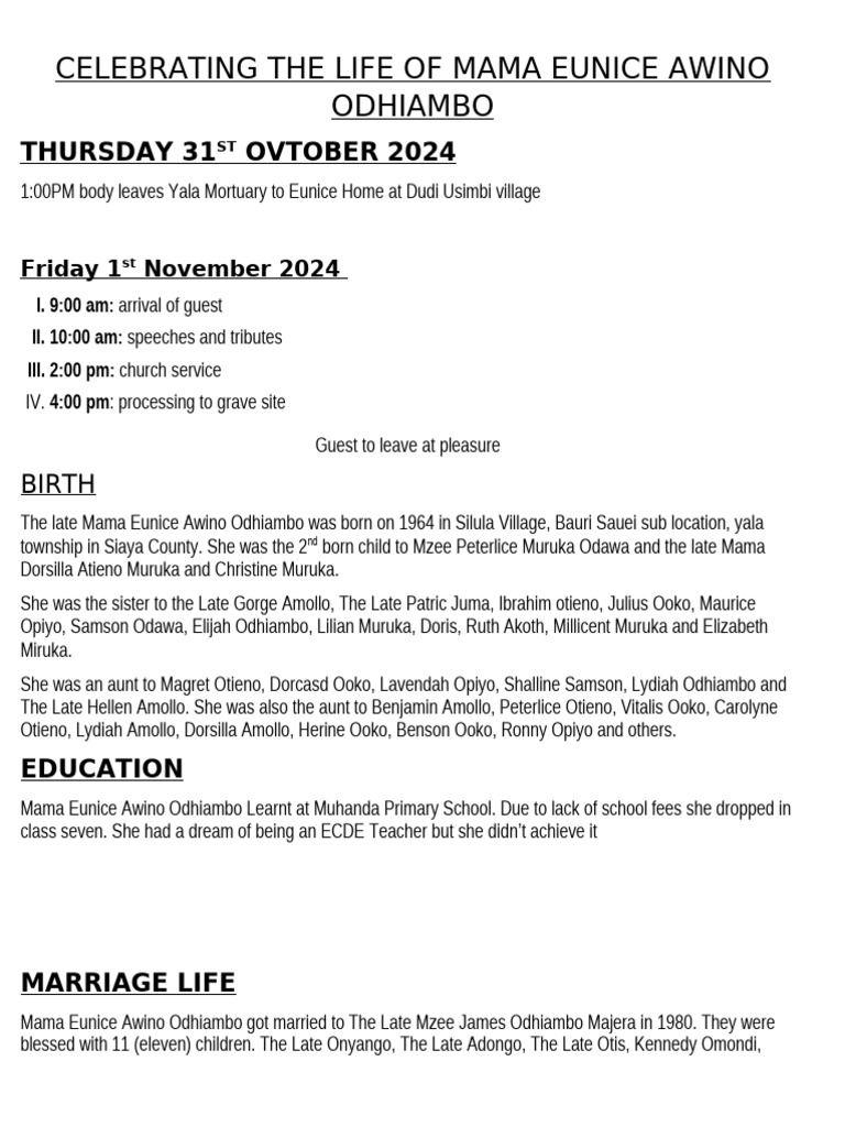 Celebrating The Life of Mama Eunice Awino Odhiambo | PDF