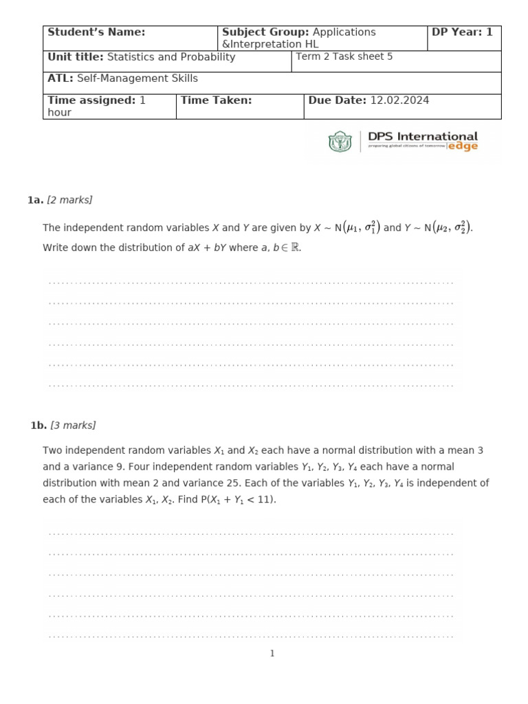 DP 1 AI HL Term 2 Unit 4 Task Sheet 5-NB | PDF | Applied Mathematics | Scientific Method