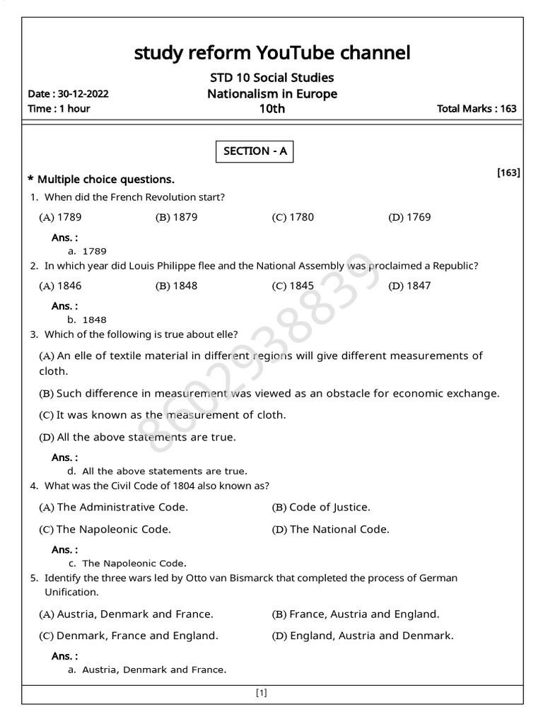 Nationalism in Europe MCQ Type Questions | PDF | Kingdom Of Prussia ...