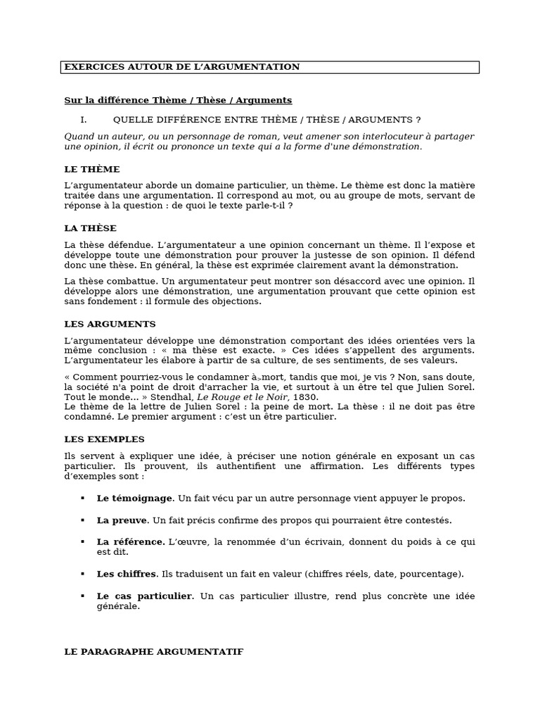 Exercices-Argumentation (Thème, Thèse, Arguments) (3) CORR | PDF ...