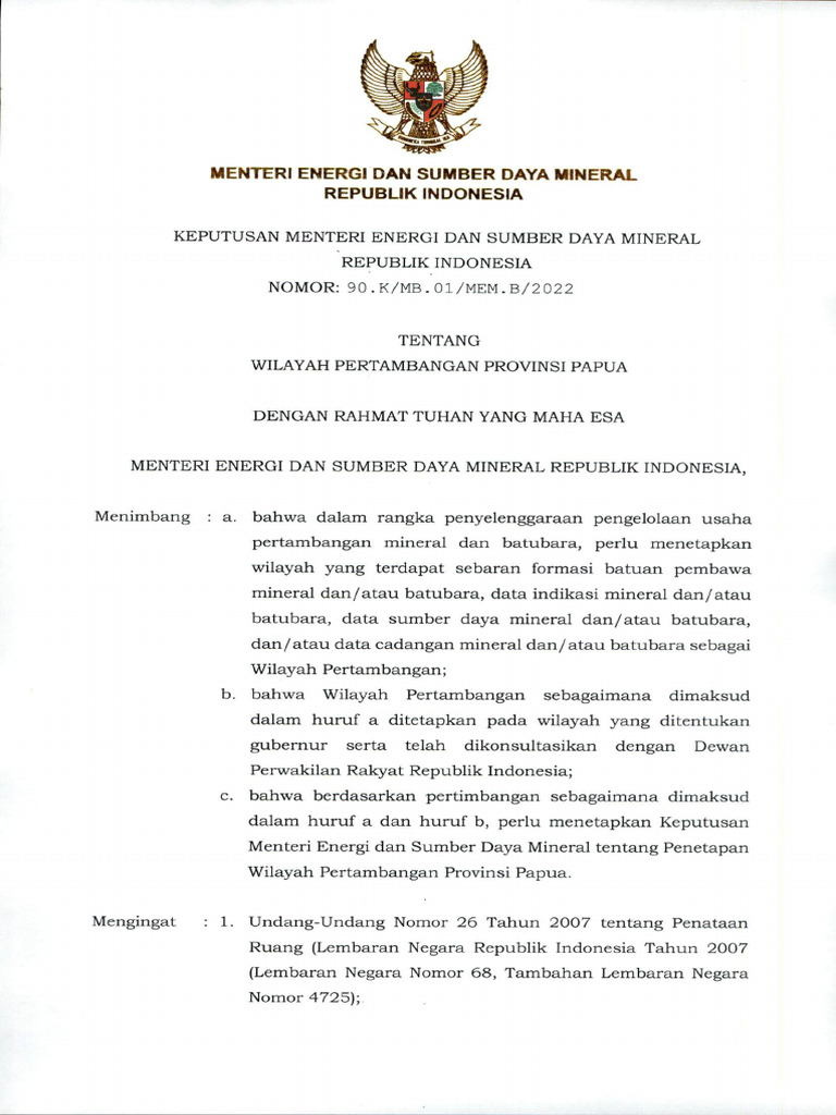 Kepmen ESDM No. 90.K-MB.01-MEM.B-2022 WP Prov Papua | PDF