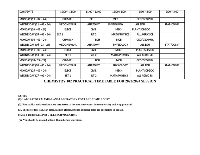 Practical Timetable 2024 | PDF