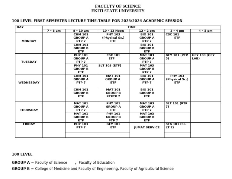 LECTURE TIMETABLE For 100 Level FIRST SEMESTER 20232024 | PDF