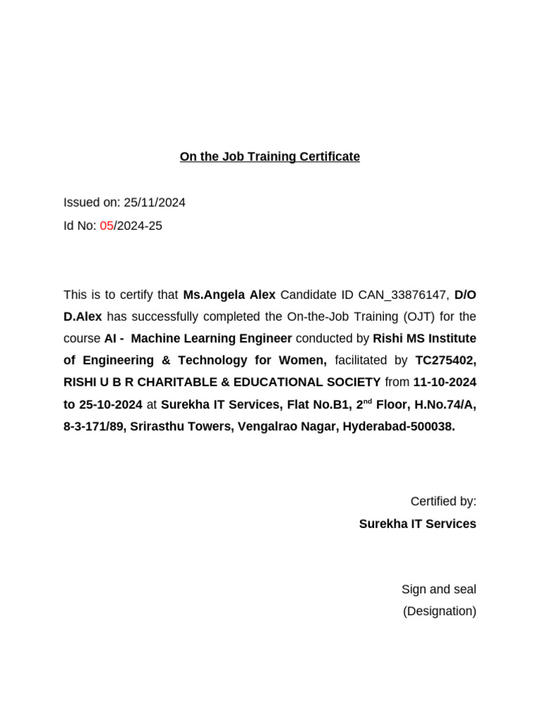 AI Machine Learning OJT Certificate | PDF