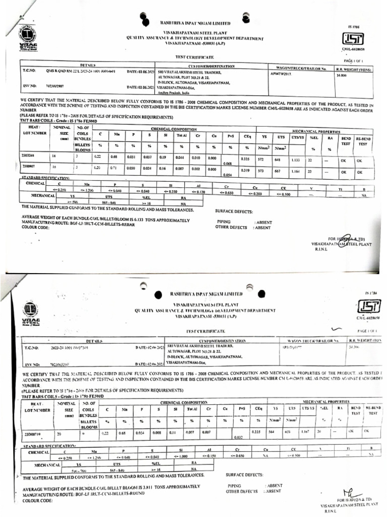 Vizag Steel MTC | PDF