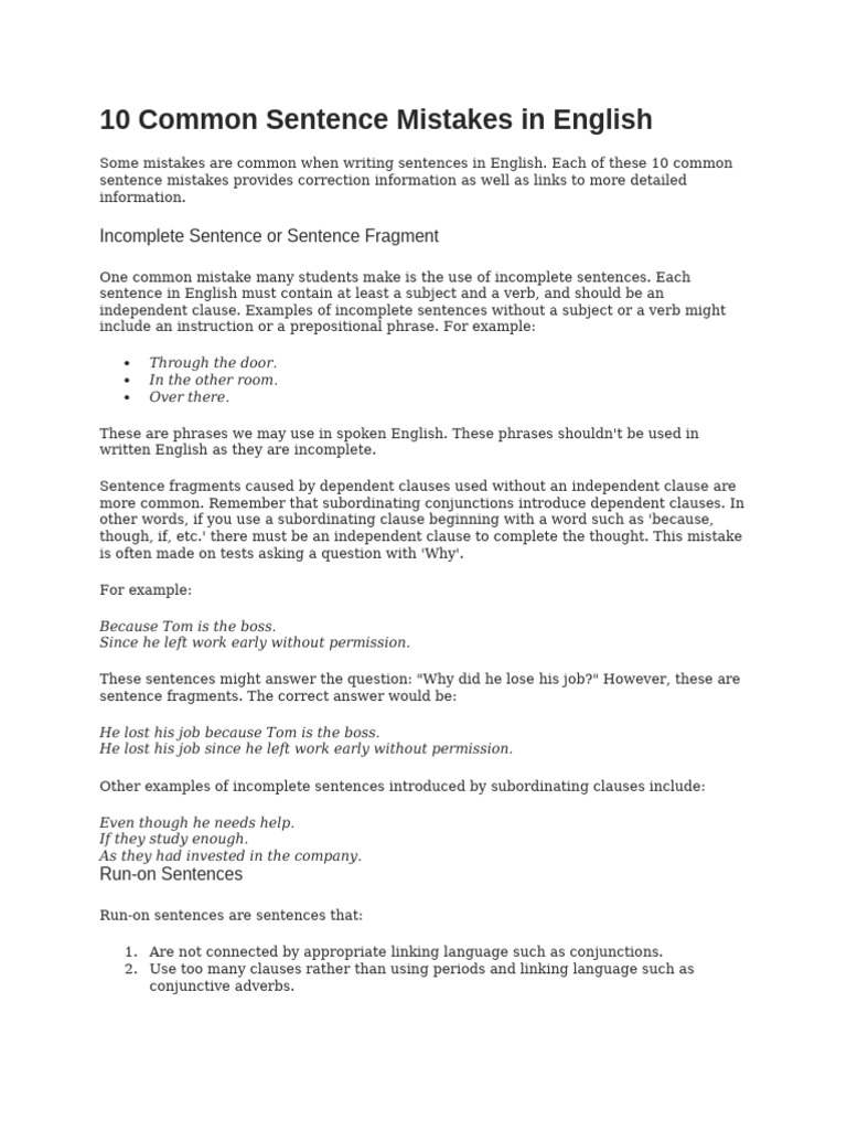 10 Common Sentence Mistakes in English | PDF | Verb | Syntax