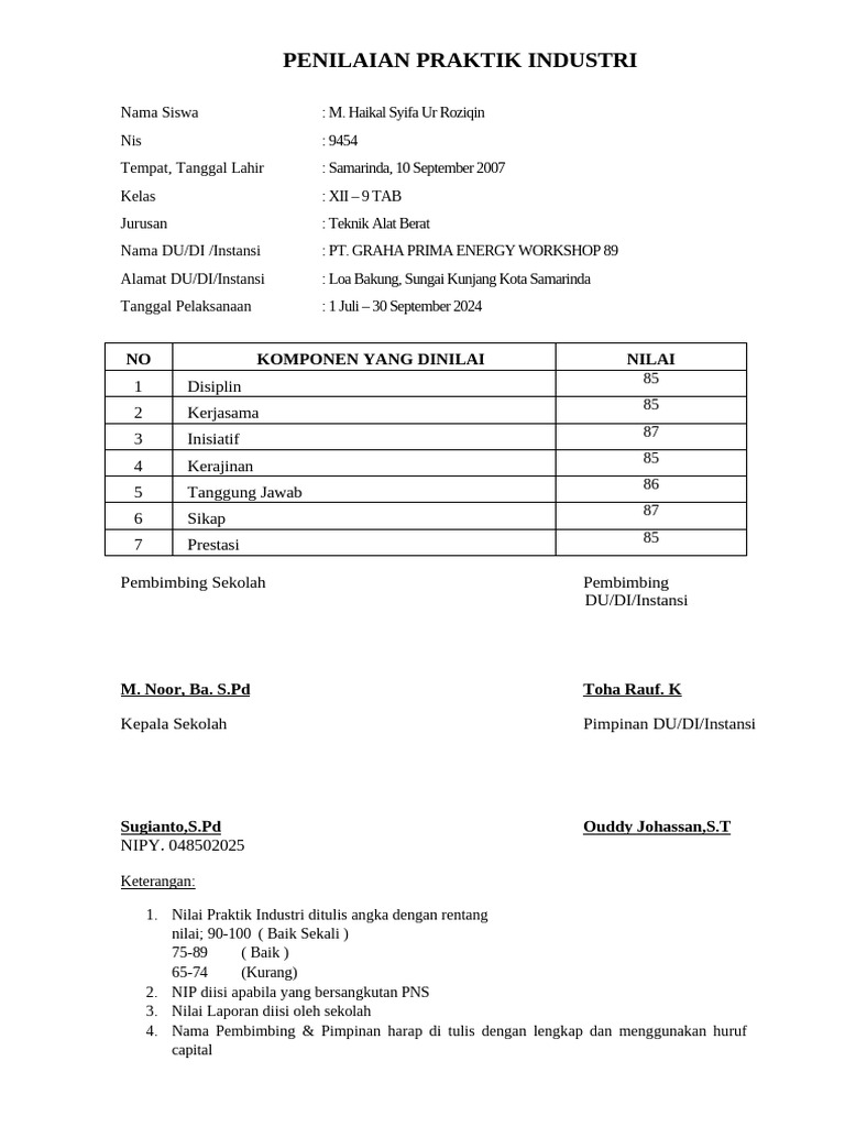Form Penilaian Praktik Industri | PDF