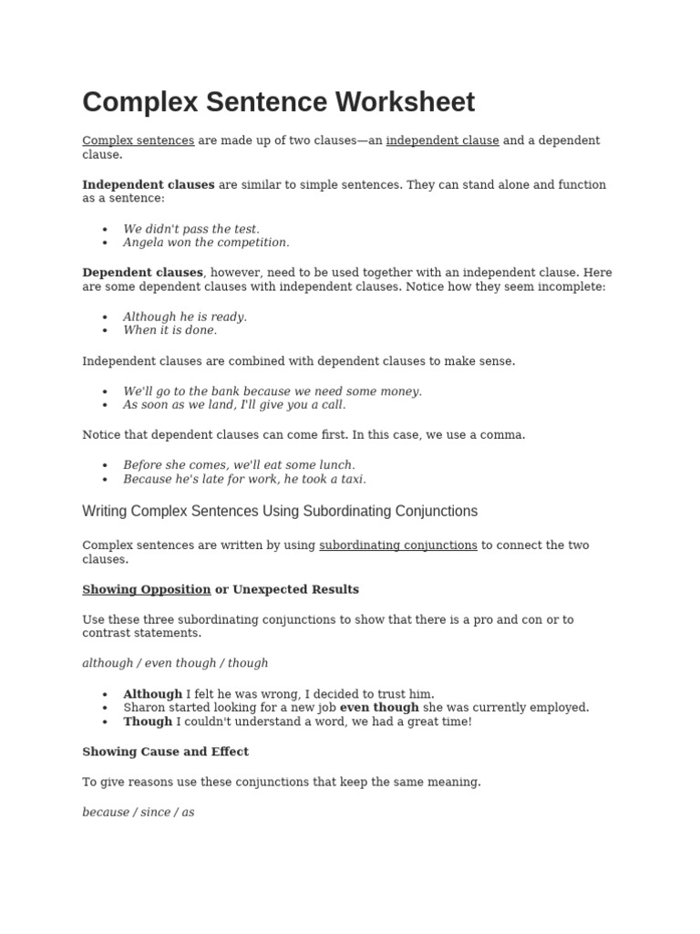 Complex Sentence Worksheet | PDF | Language Mechanics | Linguistics