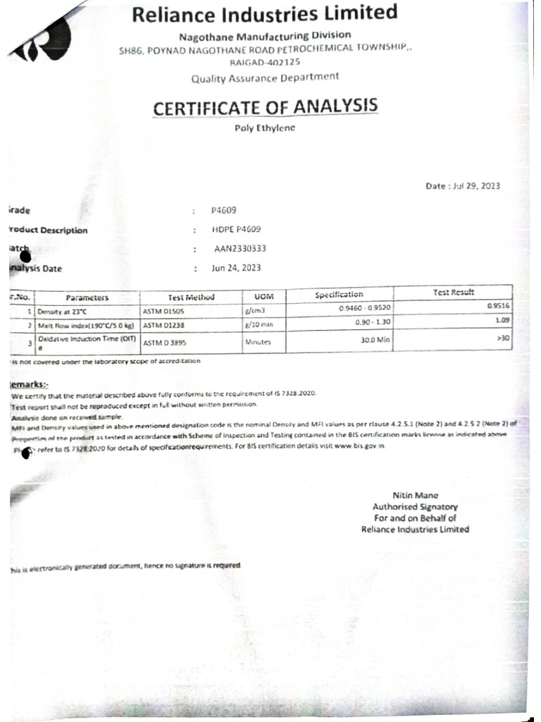 Hdpe Test Certificate | PDF