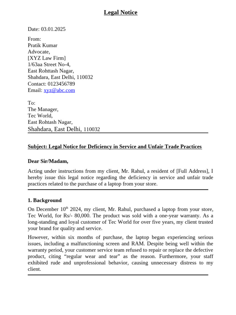 Legal Notice for Service Deficiency | PDF | Business Law | Common Law