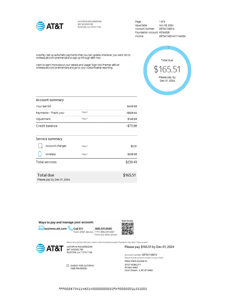 AT&T Invoice Summary for Kathryn Richardson | PDF | Financial Services ...
