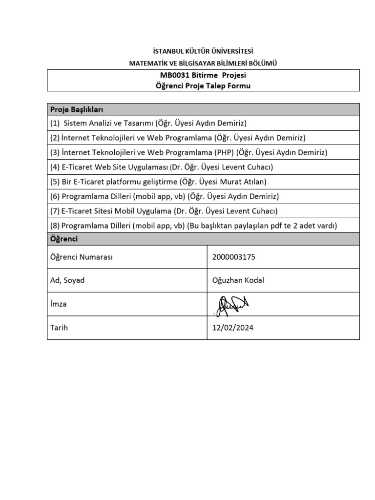 Ogrenci Proje Talep Formu | PDF