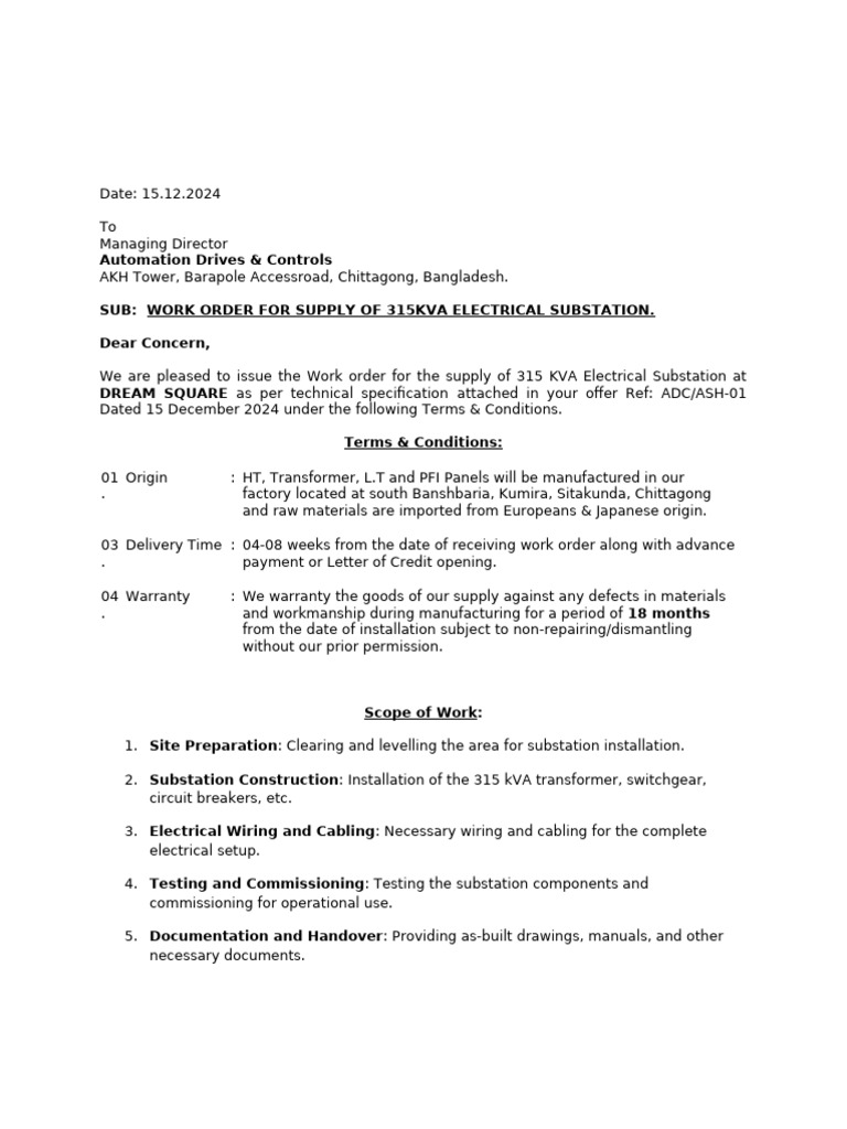 315KVA Substation Supply Order | PDF