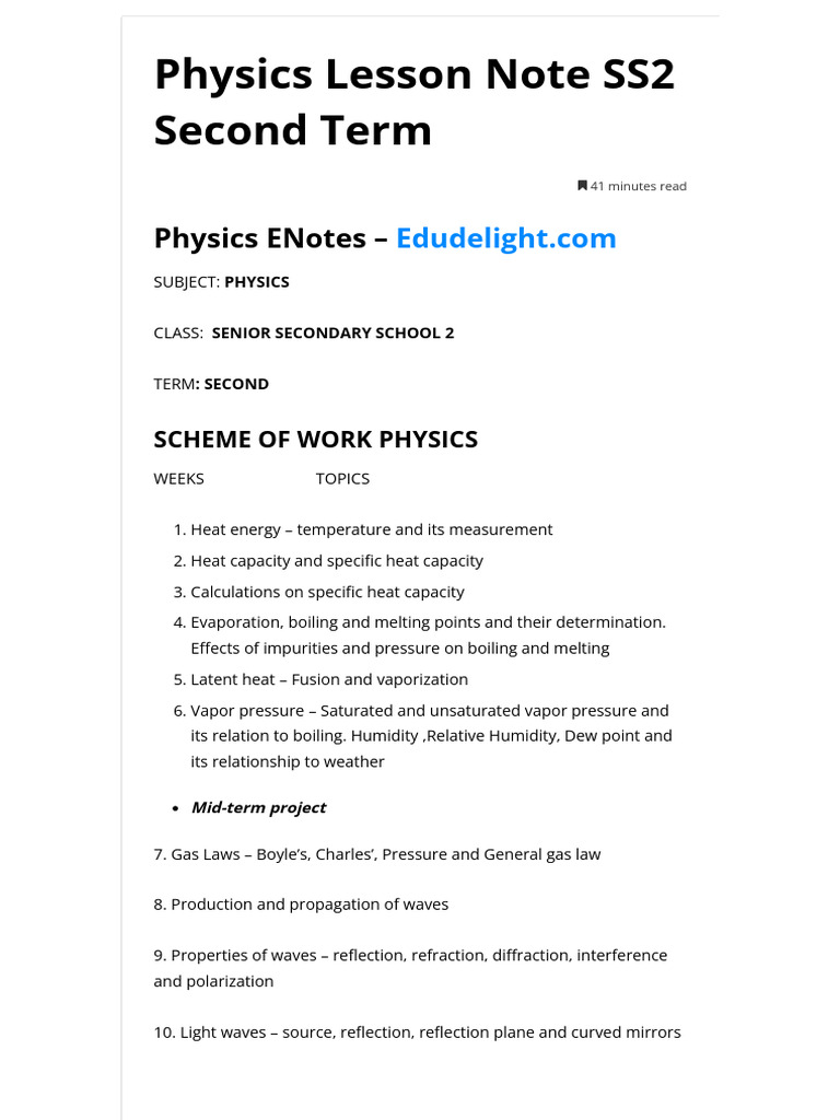 PhysicsLessonNoteSS2SecondTerm Edudelight - Com 1735982120961 | PDF ...
