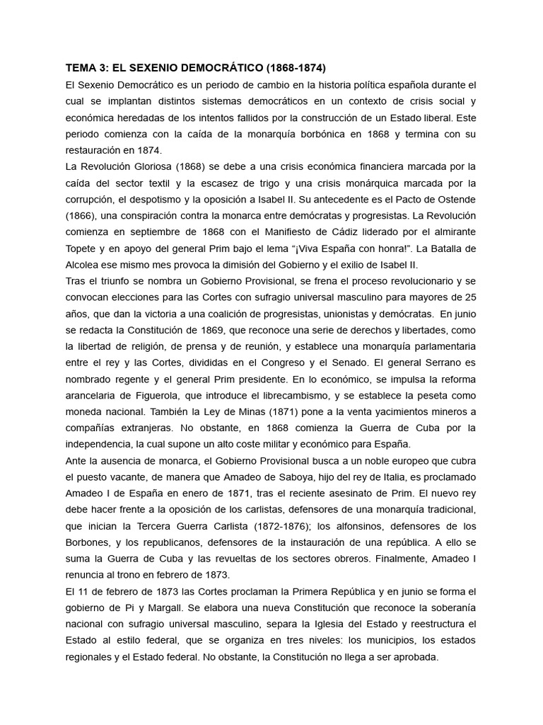 TEMA 3_ EL SEXENIO DEMOCRÁTICO | PDF | España | Política de españa