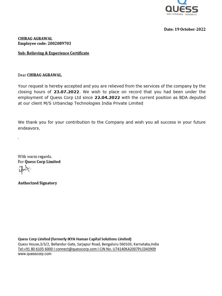 Urban Company Exp Letter | PDF