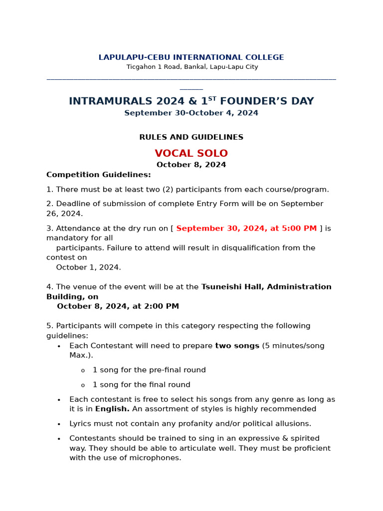 Rules and Guidelines For Vocal Solo and Vocal Duet | PDF | Singing ...