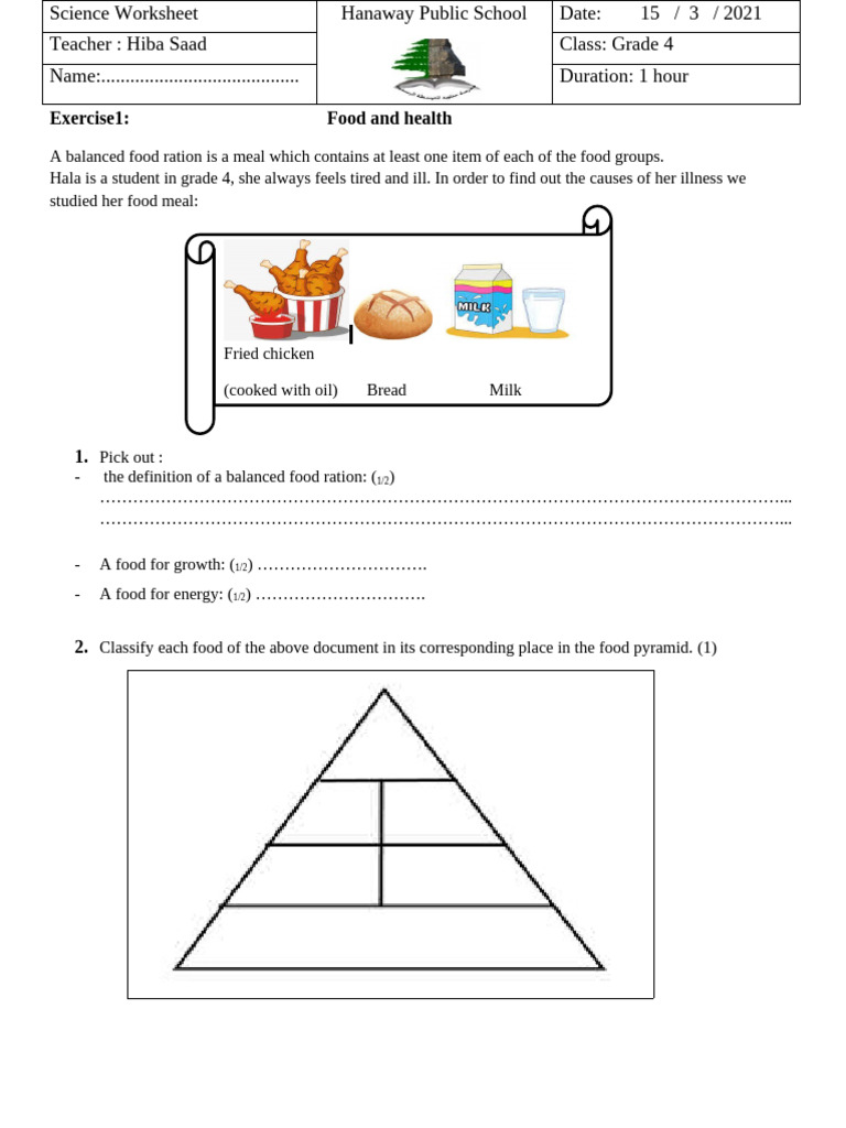 Grade 4 Balanced Diet Worksheet | PDF