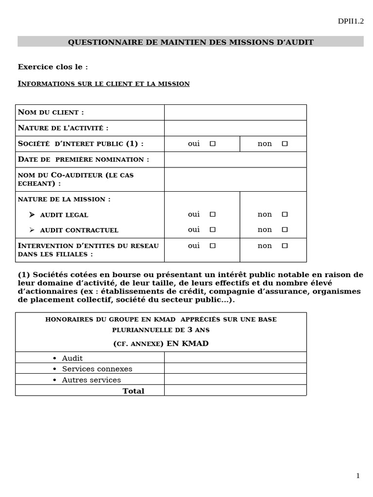 DPII1.2.Questionnaire Maintien Missions D'audit | PDF | Blanchiment d'argent | Business