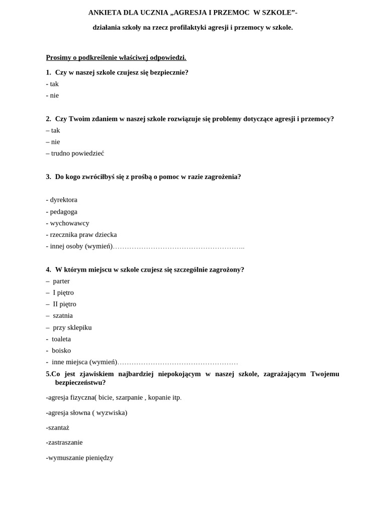 Ankieta Dla Ucznia | PDF