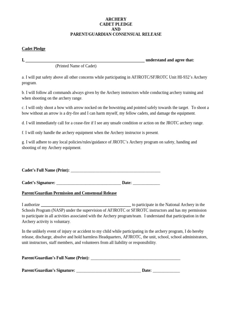 Archery Cadet Pledge & Release Form | PDF