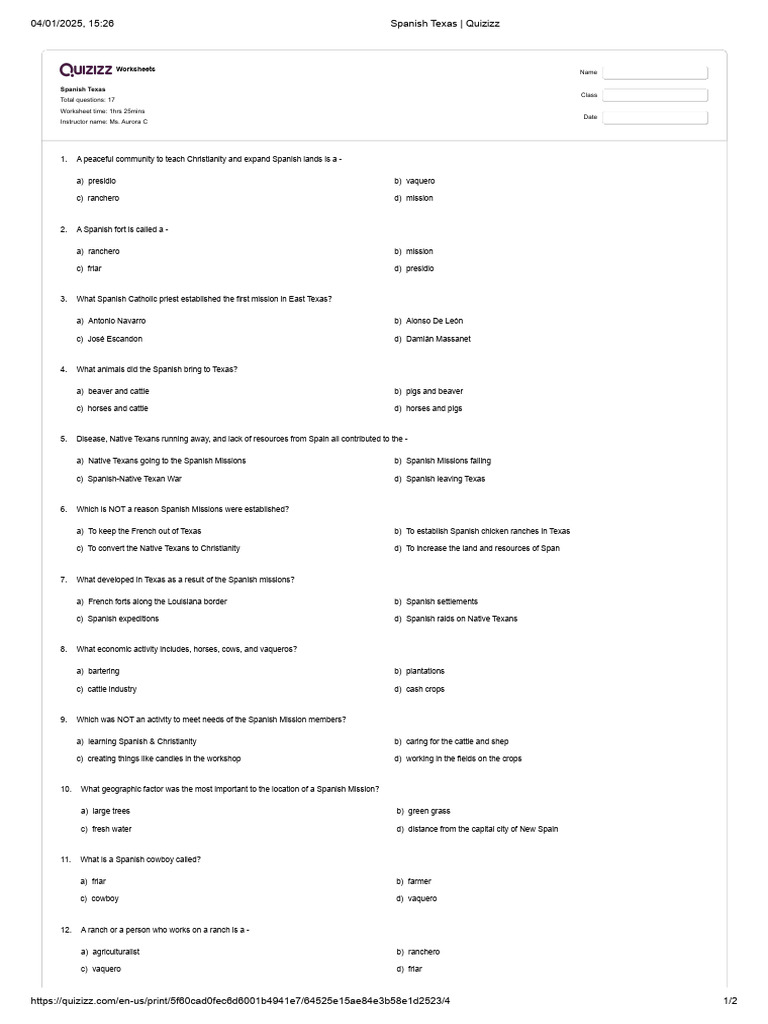 4th Grade Texas History Worksheet | PDF | Texas | Cowboys