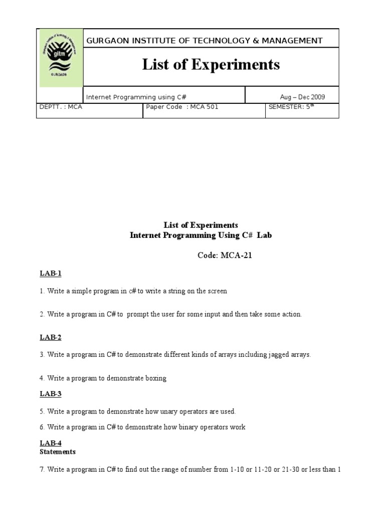 List of Experiments | PDF