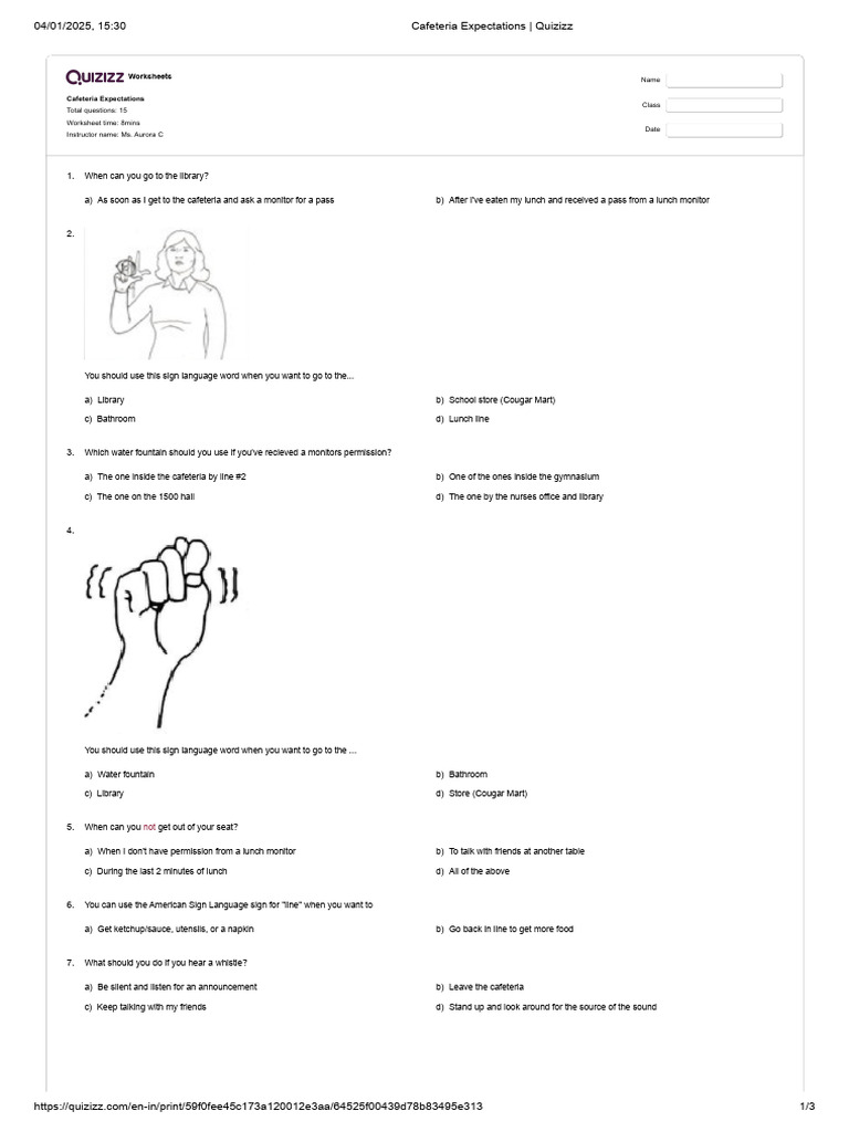 Quizizz - Cafeteria Expectations | PDF