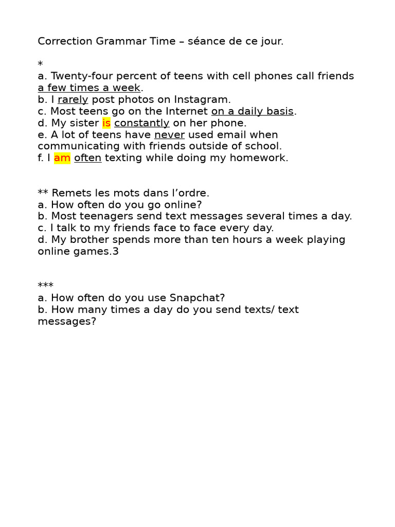 Grammar Time Correction Exercices Fréquence 2 | PDF