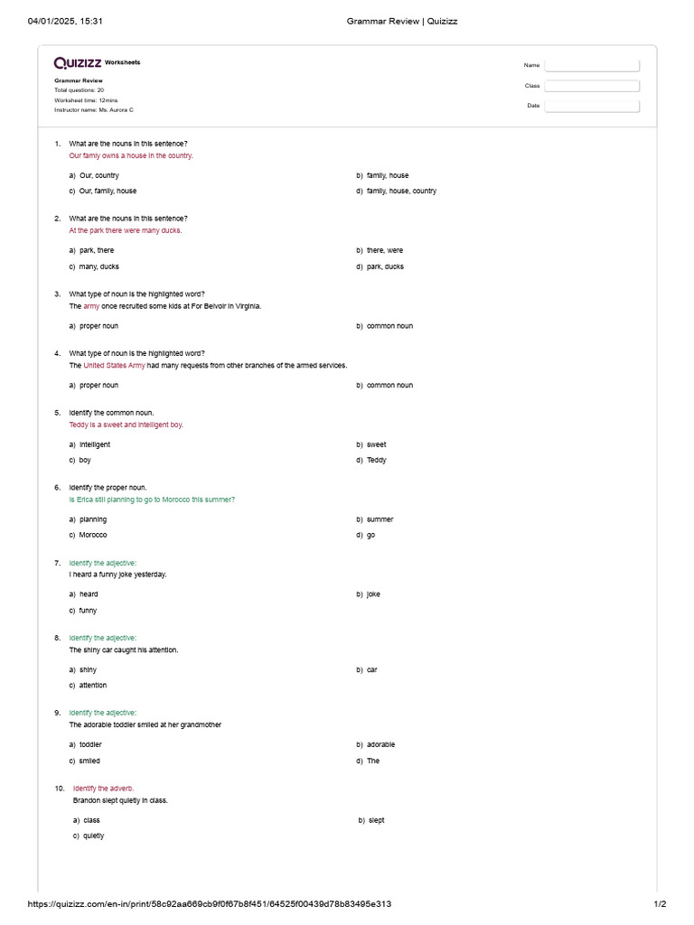Grammar Review | PDF | Noun | Adjective