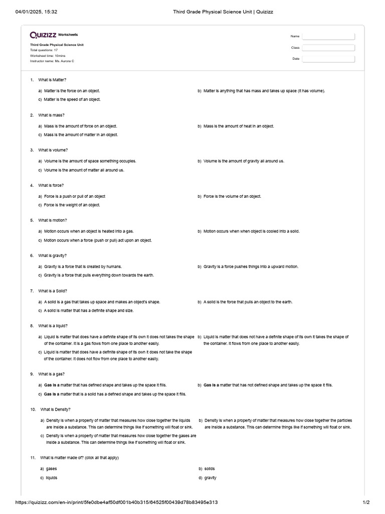 Third Grade Physical Science Unit | PDF | Matter | Buoyancy