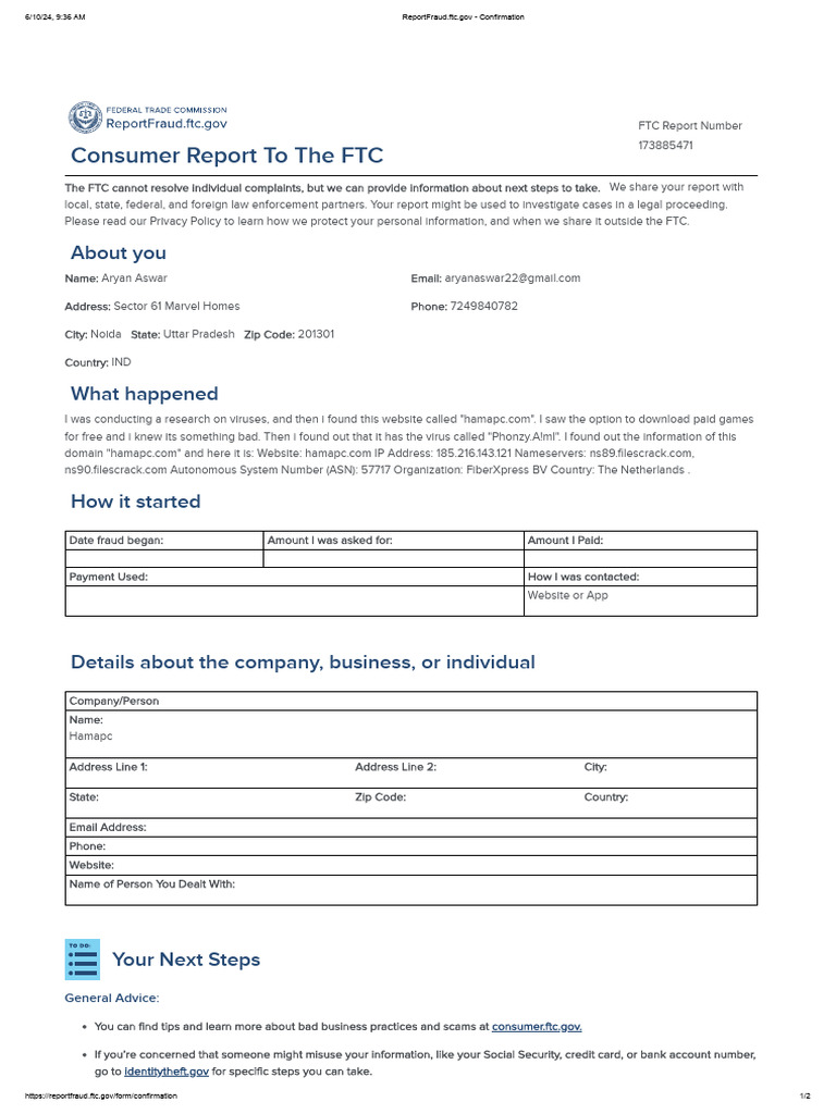 hamapc.com report | PDF | Federal Trade Commission | American Government